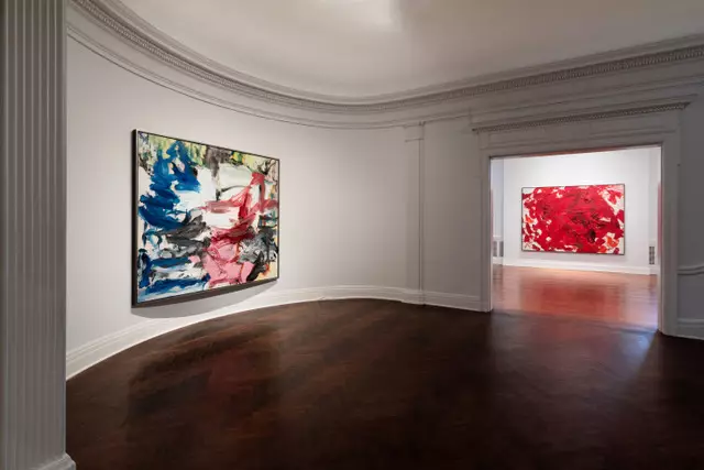 與 Fergus McCaffrey 合作在紐約 Mnuchin 畫廊舉辦的“De Kooning/Shiraga”展覽現場。 ©2022 威廉德庫寧基金會/藝術家權利協會 (ARS)，紐約；白賀一夫的莊園。照片由尼科·吉爾摩拍攝。