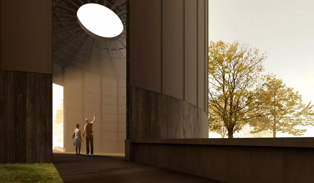 Conceito de Black Chapel de Theaster Gates para o Serpentine Pavilion 2022. Renderização de design, vista interior. © 2022 Theaster Gates Studio.