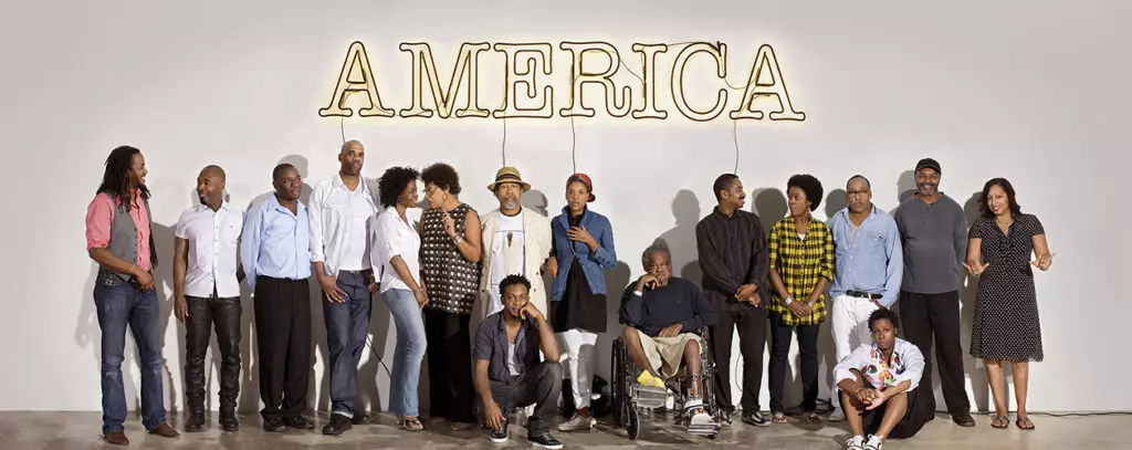 30 Americans Artists, December 5, 2008. Left to right: Rashid Johnson, Nick Cave, Kalup Linzy, Jeff Sonhouse, Lorna Simpson, Carrie Mae Weems, Barkley L. Hendricks, Hank Willis Thomas (front row), Xaviera Simmons, Purvis Young, John Bankston, Nina Chanel Abney, Henry Taylor, Mickalene Thomas (front row), Kerry James Marshall, and Shinique Smith. Photo: Kwaku Alston. Courtesy of Rubell Family Collection