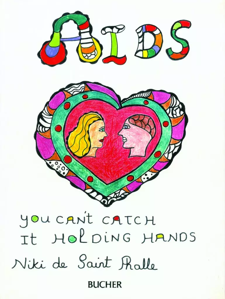 Niki de Saint Phalle. Portada de AIDS, You Can't Catch It Tomados de la mano. 1986. Libro; publicado por Bucher. Foto: Archivos de la NCAF. © 2021 Fundación Caritativa de Arte Niki