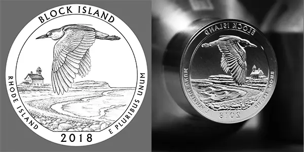 Line art at ang metallic die na ginamit para sa pag-striking sa 2018 America the Beautiful Quarter para sa Block Island National Wildlife Refuge na matatagpuan sa Rhode Island, dinisenyo ni Chris Costello at nililok ni Phebe Hemphill. Larawan sa kagandahang-loob ng US Mint.