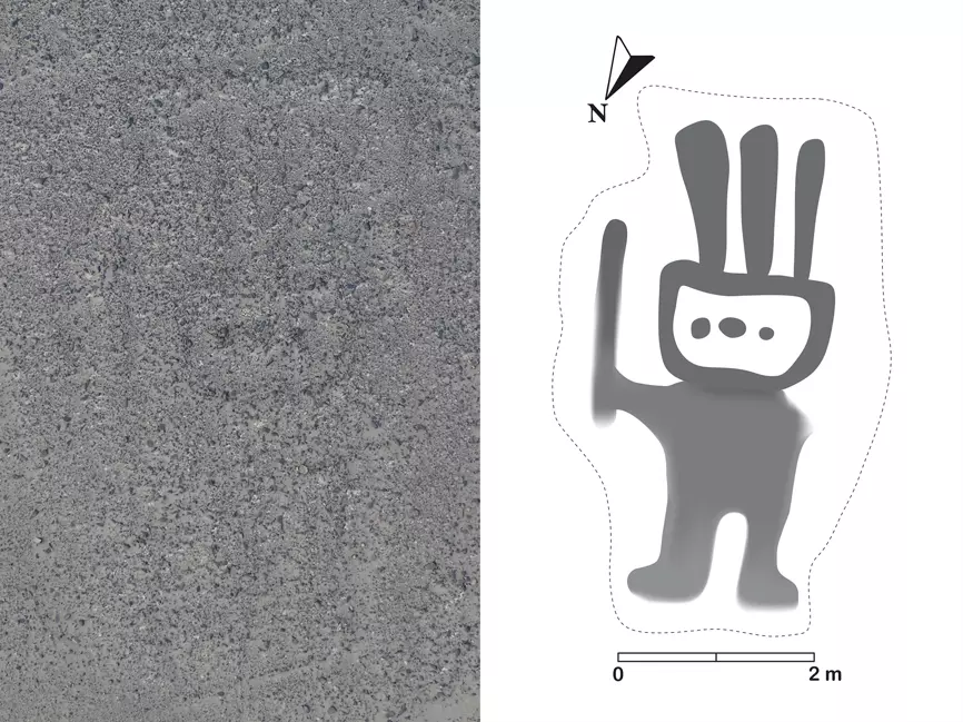 L'original (à gauche) et un A.I. rendu d'un dessin de la ligne de Nazca récemment découvert au Pérou.