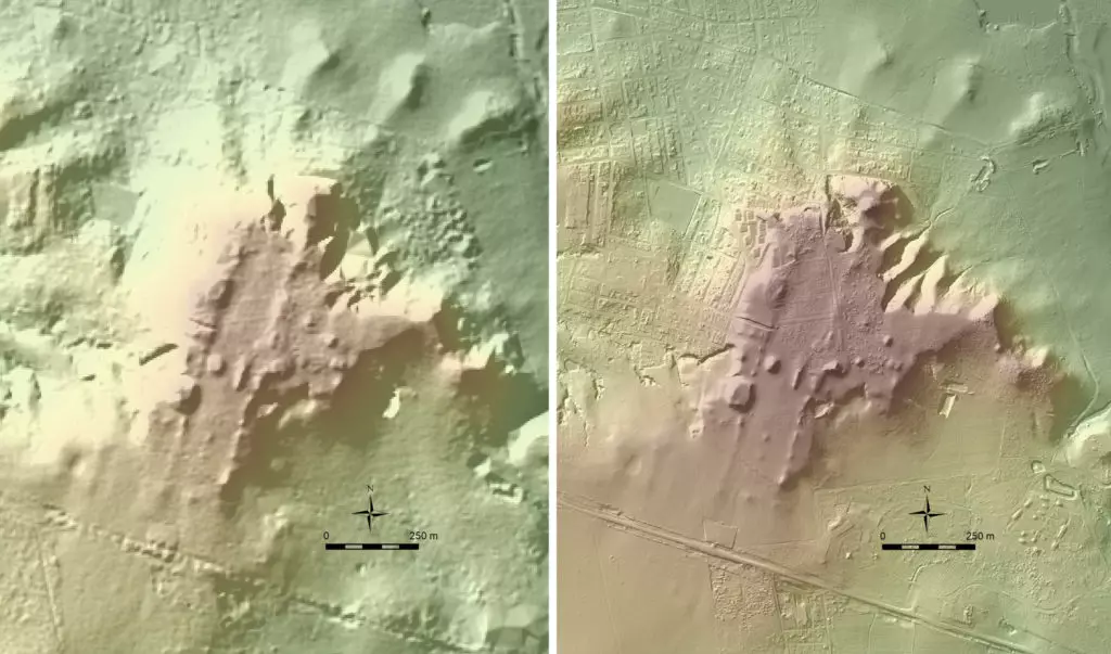 Takeshi Inomata mengidentifikasi situs Maya kuno ini, yang dijuluki La Carmelita, menggunakan peta LiDAR, yang terlihat di sini dalam resolusi rendah dan tinggi. Gambar milik Instituto Nacional de Estadística y Geografía/Nacional Center for Airborne Laser Mapping.