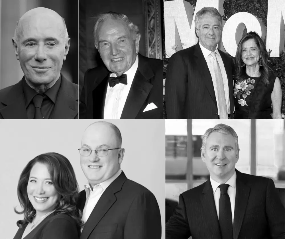 Arah jam dari kiri atas: David Geffen; David Rockefeller; Leon dan Debra Black; Alexandra dan Steven Cohen; Ken Griffin.