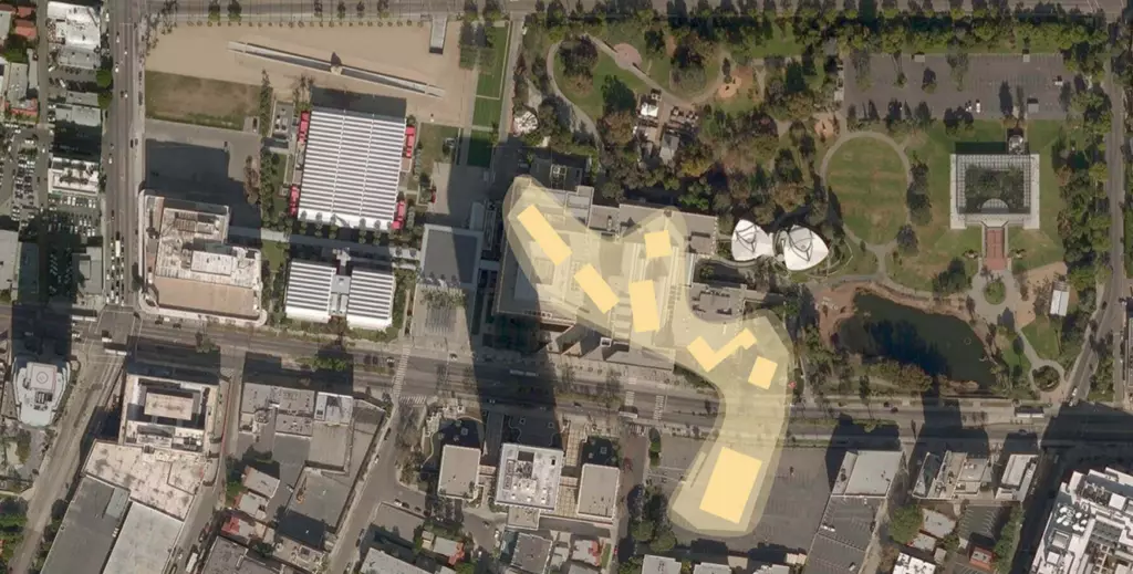 Wilshire Blvd விரிந்துள்ள கட்டிட தடம். Atelier Peter Zumthor & Partner / Courtesy Building LACMA.