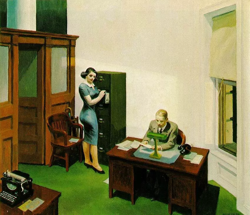 Едуард Хопър, Офис през нощта (1940). С любезното съдействие на Wikimedia Commons.