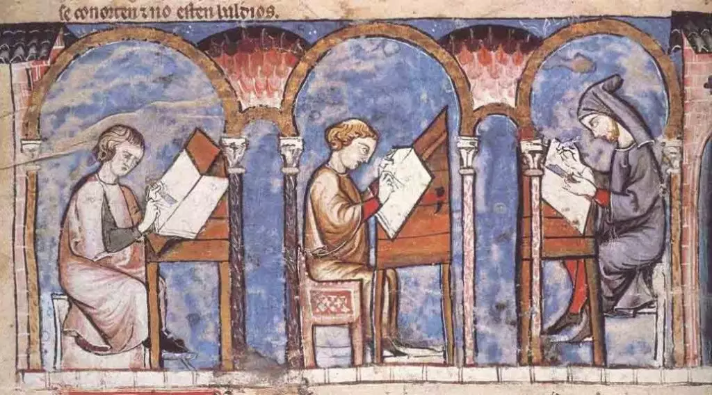 Léiriú a thaispeánann scriptorium i mbun aicsin, ó lámhscríbhinn sa Biblioteca de San Lorenzo de El Escorial, Maidrid, an Spáinn, c. 14ú haois AD.