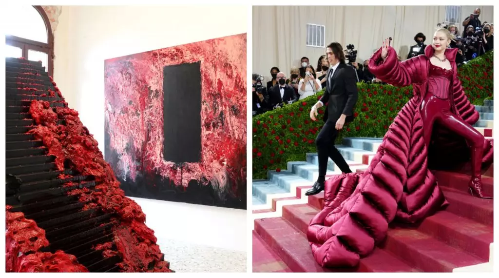 Kairėje: Gigi Hadid (Jeffas Kravitzas / „FilmMagi“ per „Getty Images“). Dešinėje: menininko Anish Kapoor retrospektyvos vaizdas Palazzo Manfrin Venecijoje, Italijoje (Roberto Serra – Iguana Press / Getty Images).