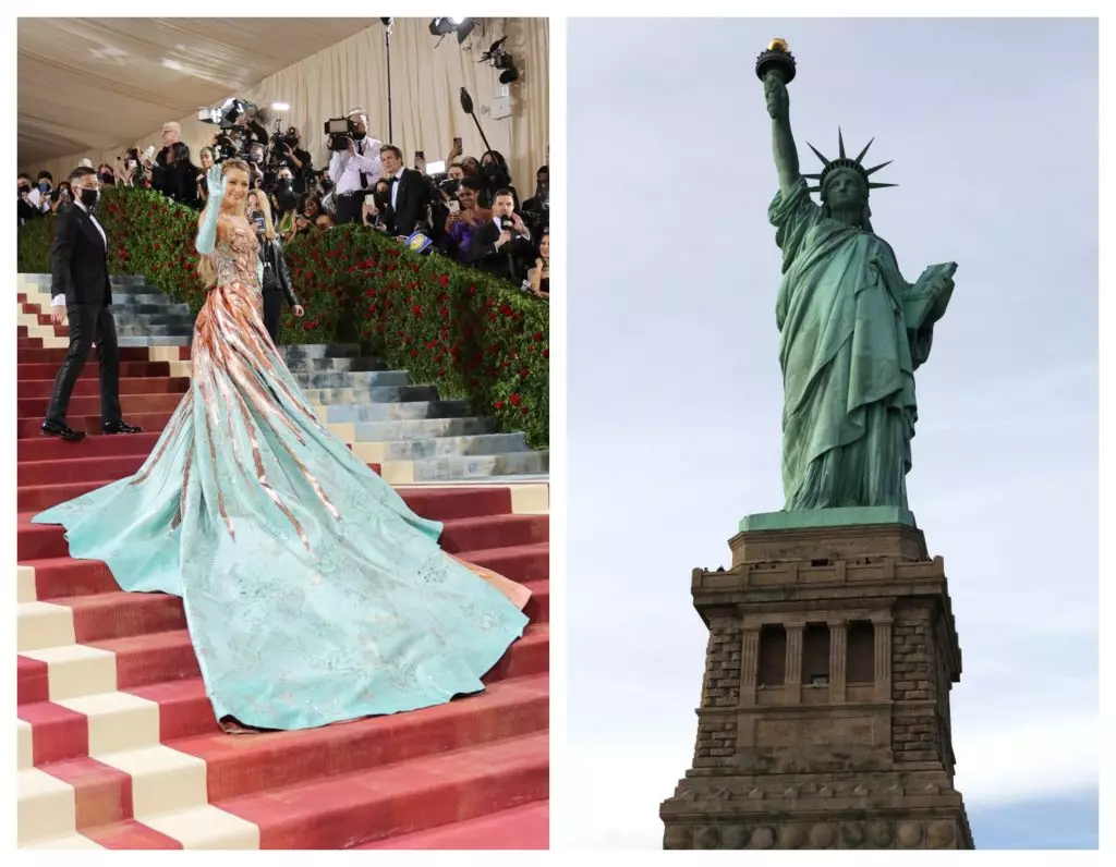 Kairėje: Blake'as Lively (Mike'as Coppola / Getty Images). Dešinėje: Lady Liberty (Patrick Smith / Getty Images).