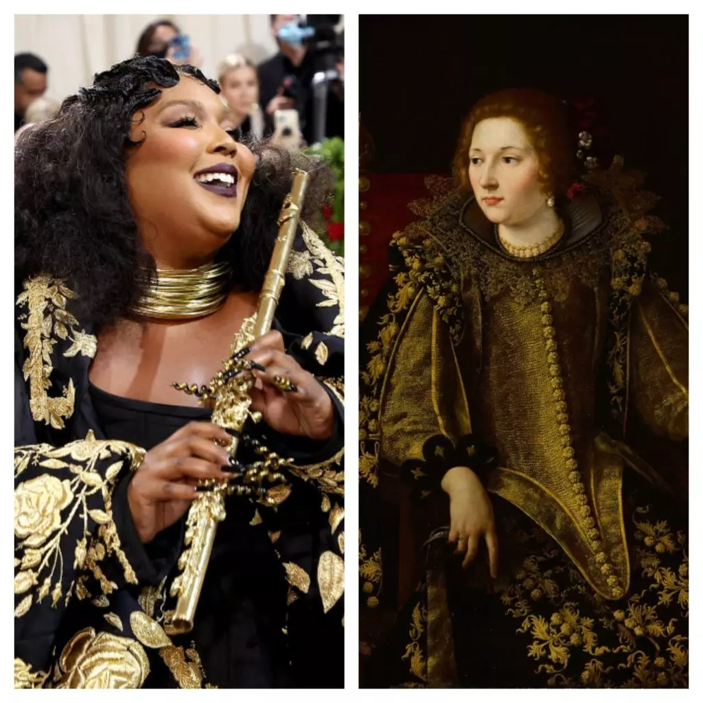 Kairėje: Lizzo atvyksta į Met Gala, 2022 m. Niujorke. Arturo Holmeso/MG22/Getty Images for The Met Museum/Vogue nuotrauka. Dešinėje: Artemisia Gentileschi, Sėdinčios ponios portretas, trijų ketvirčių ilgio, su įmantriu ir auksu išsiuvinėtu kostiumu, galbūt Caterina Savelli, Principessa di Albano.