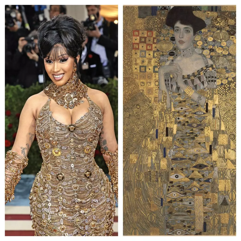 Kairėje: Cardi B atvyksta į Met Gala, 2022 m. Dimitrios Kambouris / Getty Images nuotrauka. Dešinėje: Gustavas Klimtas, Adelės Bloch-Bauer I portretas (1907).