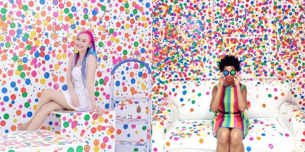 Sa wala, ang pag-instalar sa Rabbit Town Patrico Sticker. Tuo, ang Obliteration Room ni Yayoi Kusama. Litrato pinaagi sa Instagram, @rabbittown.id ug @dzrosen.