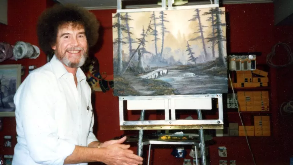 Bob Ross dị ka a hụrụ na Bob Ross: ihe mberede obi ụtọ, aghụghọ na anyaukwu. Site na Netflix © 2021.