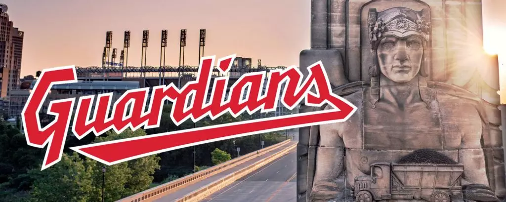 Die logo vir die herdoopte Cleveland Guardians, en een van die Guardians of Traffic-standbeelde wat die span se nuwe naamgenoot is. Met vergunning van Major League Baseball.