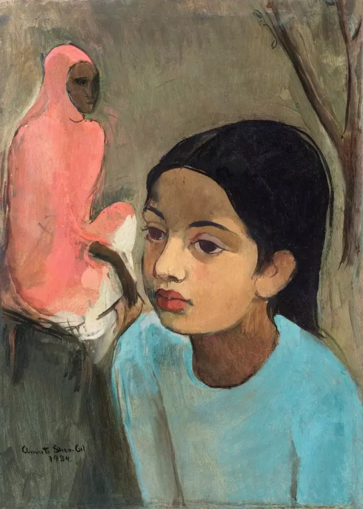 Amrita Sher-Gil, Ti fi a nan ble (1934). Koutwazi Sotheby a peyi Zend.