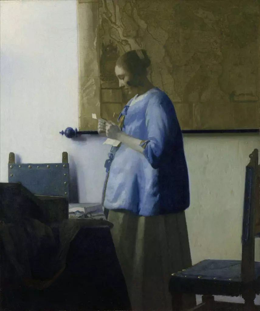 Johannes Vermeer, Virino Leganta Leteron (1663). Kolekto de Rijksmuseum Amsterdamo.