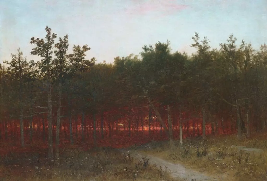 John Frederick Kensett, Twilight in the Cedars ku Darien, Connecticut (1872). Chithunzi chovomerezeka ndi Metropolitan Museum of Art.