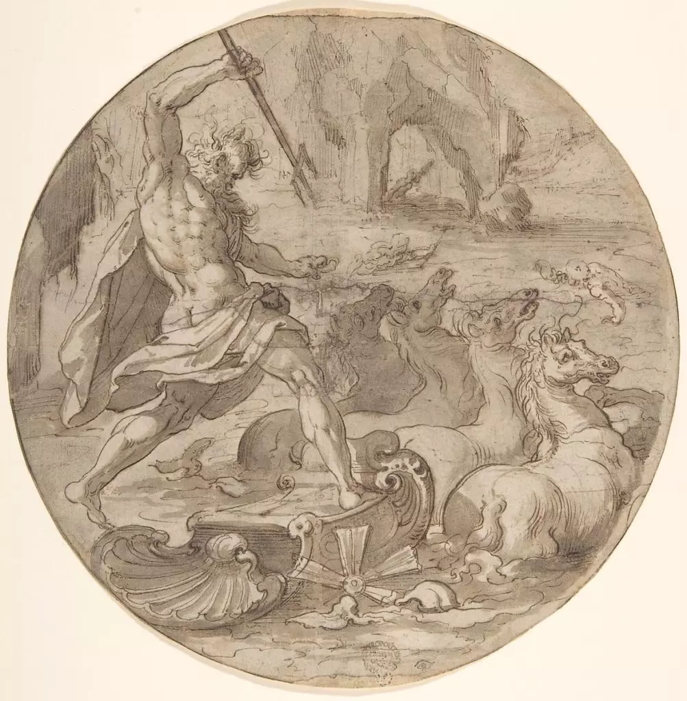 Tilskrevet Pieter de Jode I, Neptun i hans vogn (slutningen af det 16.-midten af det 17. århundrede). Billede udlånt af Metropolitan Museum of Art.