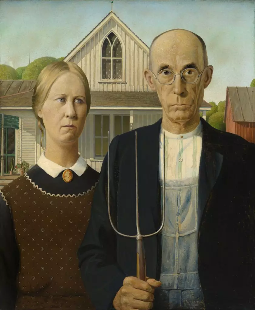 Grant Wood, amerikansk gotisk (1930). Med tillatelse fra Art Institute of Chicago.