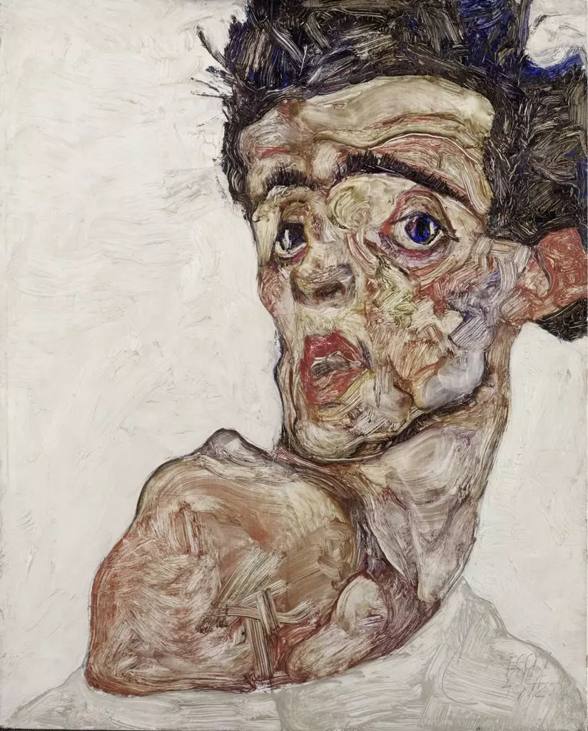 Egon Schiele, Xwe-Portreya Bi Milê Bare (1912). Ji Muzexaneya Leopold, Viyana.