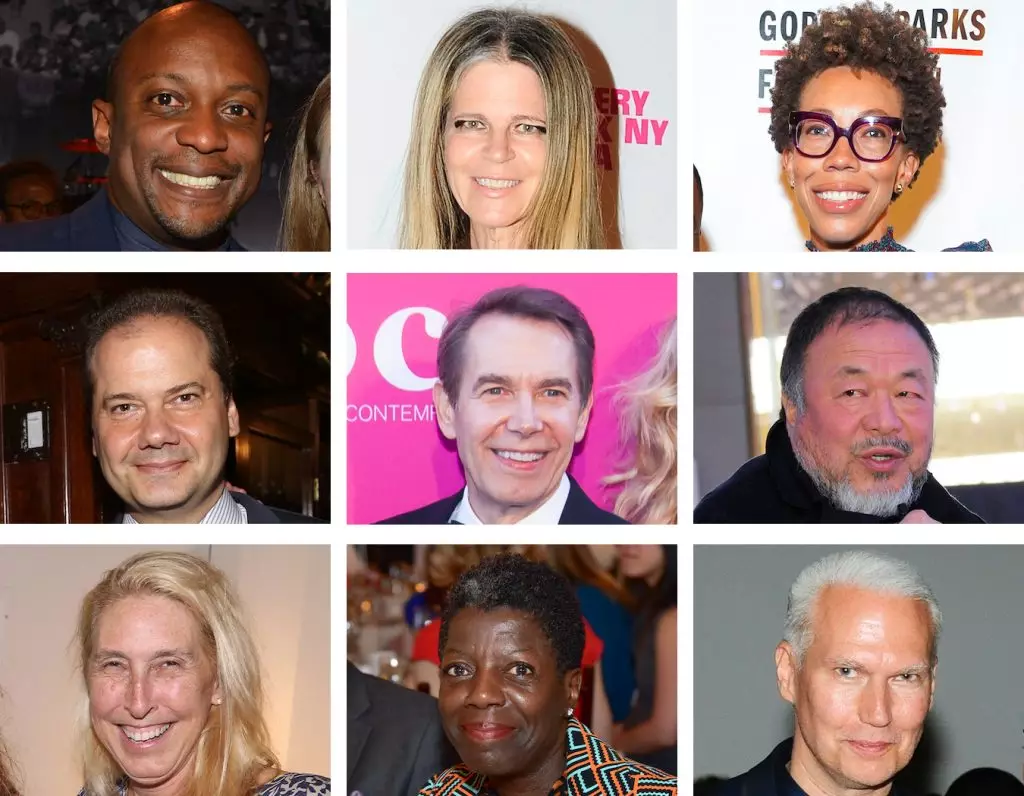 Hank Willis Thomas. Yvonne Force Villareal. Amy Sherald. Max Hollein. Jeff Koons. Ayi Weiwei. Lisa Phillips. Thelma Golden. Klaus Biesenbach. Koutwazi foto Patrick McMullan.