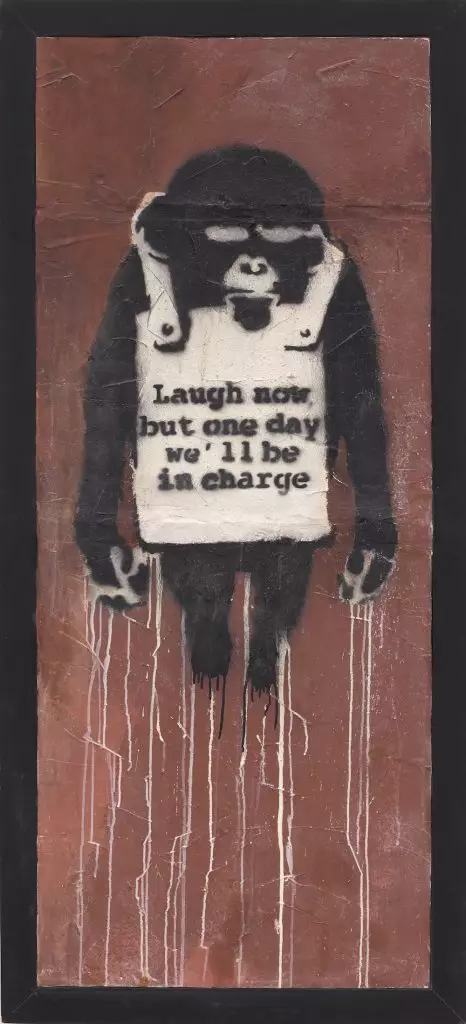 Banksy, Laugh Now Panel Sawirka waxaa leh Phillips iyo Poly Action.