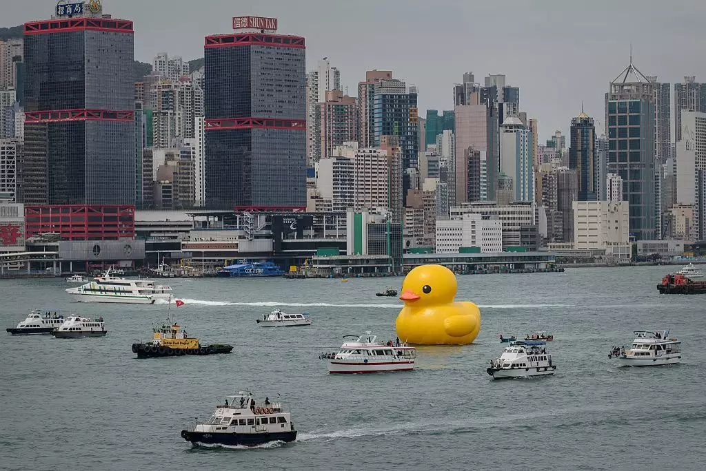 Ang inflatable duck ni Florentijn Hofman alit sa Hong Kong noong tag-araw ng 2013. Larawan: Philippe LopezAFP/Getty Images.