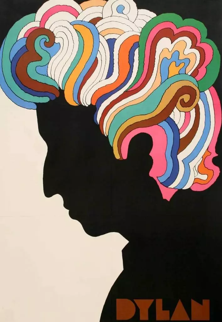 Milton Glaser, Dilans (1967), reklāmas plakāts albumam Bob Dylan’s Greatest Hits. Miltona Glasera atļauja.