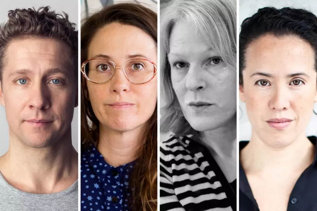 Jeppe Hein, Laura Owens, Sabine Hornig ja Sarah Sze, joiden työ on nähtävillä New Yorkin LaGuardian lentokentän uudessa terminaalissa B. Kuva Tom Wagner, Jeppe Hein Studion kautta; Noah Webb, Gavin Brownin yrityksen, Sadie Colesin pääkonttorin ja Galerie Gisela Capitainin kautta; Sabine Hornig ja VG-Bild Kunst, Bonn, Saksa, Tanya Bonakdar Galleryn kautta; ja Deborah Feingold, kautta Sarah Sze.