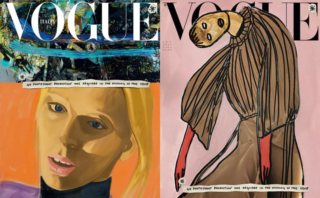 Vifuniko viwili vya toleo la Vogue Italia la Januari 2020. Jalada la kushoto la David Salle. Jalada la kulia la Vanessa Beecroft. Kwa hisani ya Vogue Italia.