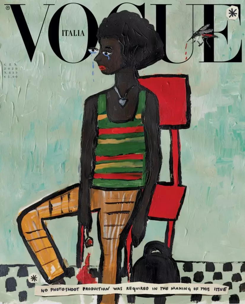 Naslovnica izdaje Vogue Italia januarja 2020, ki jo je oblikoval Cassi Namoda. Z dovoljenjem Vogue Italia.